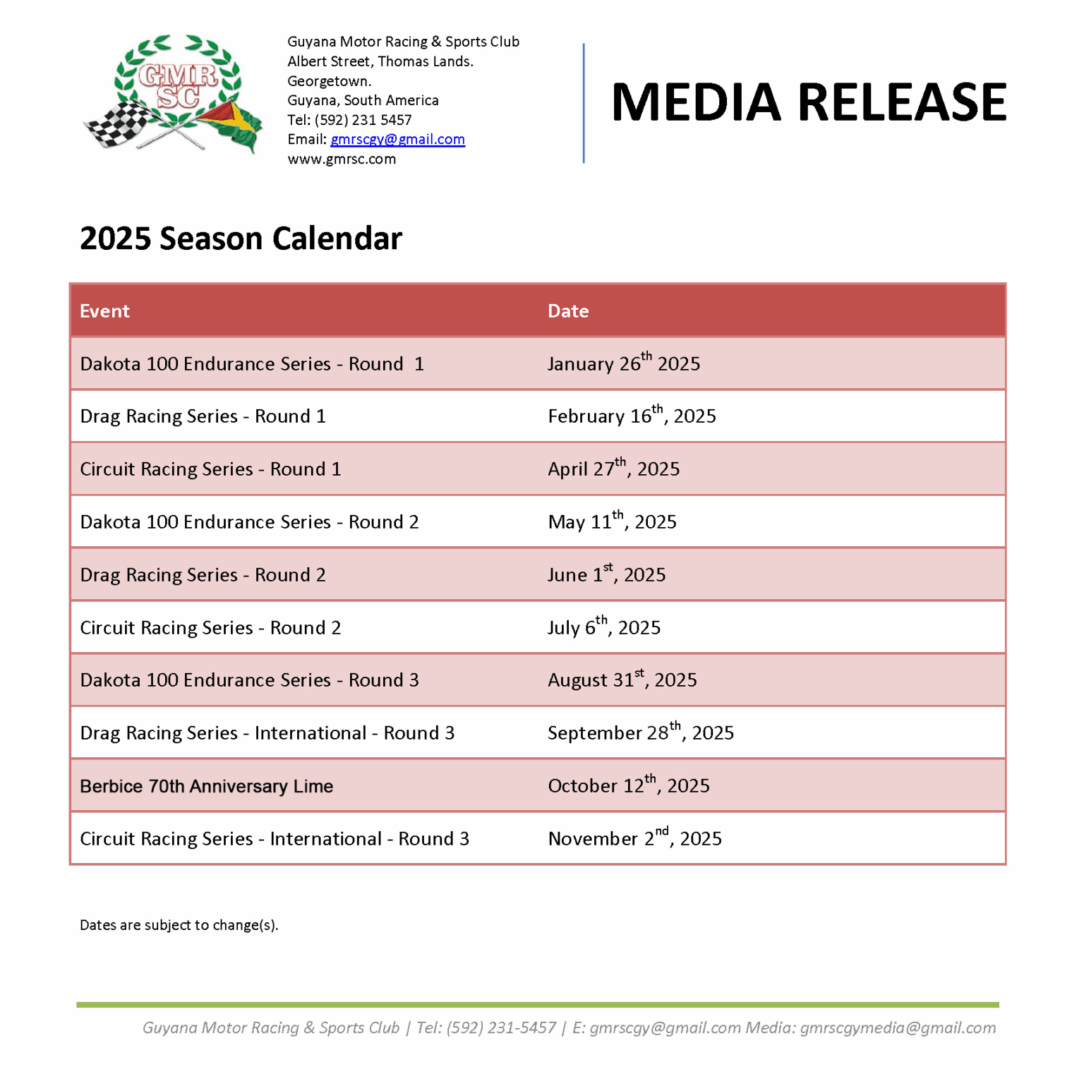 2025 GMR&SC Event Calendar - Guyana Motor Racing & Sports Club